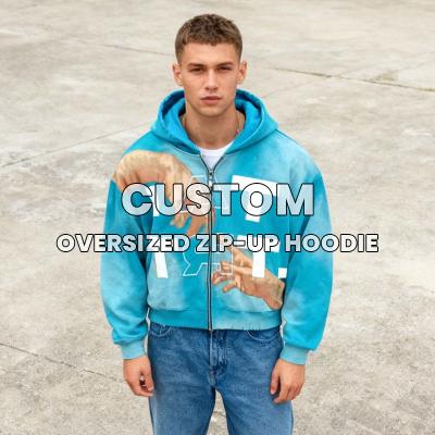 China Custom Men's Washed Turquoise Renaissance Art Hand Print Oversized Zip-Up Hoodie for sale