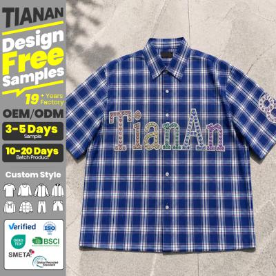 China Hot Supplier Tianan Custom Men's Plaid Print Polo Shirt Rhinestone Street Casual Vacation Short Sleeve T Shirt Shirt for Men for sale