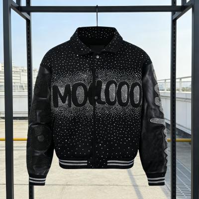 China Custom Oversized Letter Embroidered Rhinestone Varsity for Men Leather Sleeve Winter Outdoor Heavyweight Diamond Zip up Jacket for sale