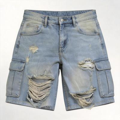 China Low Price Custom Clothing High Quality Men's Jeans Outdoor Casual Vintage Ripped Acid Wash Loose Pocket Men's Denim Shorts for sale