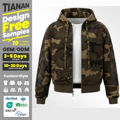 China Men Camo Zip Up Hoodie Jacket, Vintage Oversized Streetwear Sweatshirt With Paisley Embroidery On Sleeve, Heavyweight Full Zip Camouflage Hooded Coat In Army Green & Black Grey Two Color Options for sale
