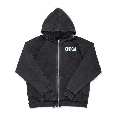 China Custom Men'S Heavyweight Zipper Hoodie Street Wear Plus Size Washing and Distressed Hole 500Gsm Hoodie for Men Cropped for sale