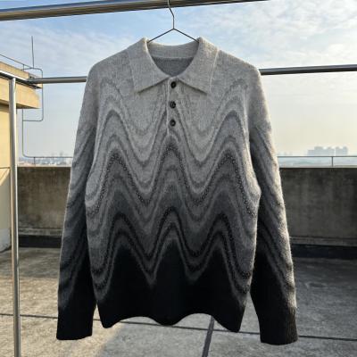 China Hot Supplier OEM High Quality Fuzzy Brushed Mohair Knit Sweater Custom Plus Size Jacquard Intarsia Gradient Polo Collar Knitwear for sale