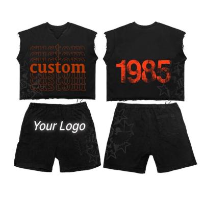 China 2025 Hot Sale T-shirt Tank Top Men 2 Piece Set Acid Wash T-shirt and Short Sets for Men Sleeveless Raw Hem Mens Sets for sale