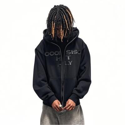 China Manufacturer Wholesale Distressed Full Zip Up Puff Hoodies Men Streetwear Custom Acid Wash Heavyweight 500gsm Face Zip Hoodie for sale