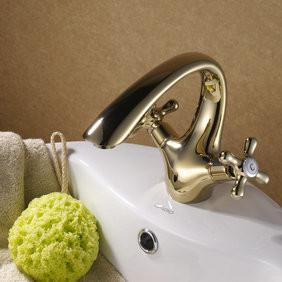 China Antique Brass Centerset Two Handles Bathroom Sink Faucet T0429G for sale