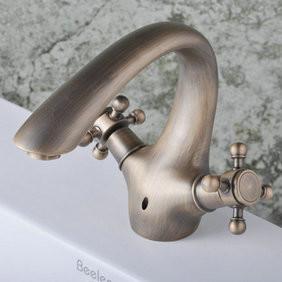 China Antique Brass Centerset Two Handles Bathroom Sink Faucet T0402A for sale