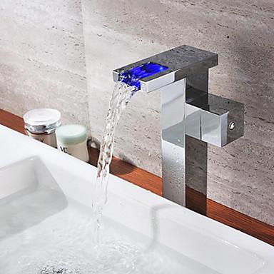 China Chrome Finish Single Handle Color Changing LED Waterfall Bathroom Sink Faucet Tall T0828HF for sale