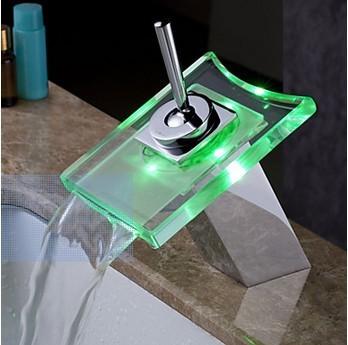 China Contemporary Color Changing LED Glass Spout Waterfall Bathroom Sink Faucet - T0815-1F for sale