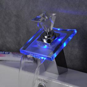 China Contemporary Color Changing LED Glass Handle Waterfall Bathroom Sink Faucet - T0819F for sale
