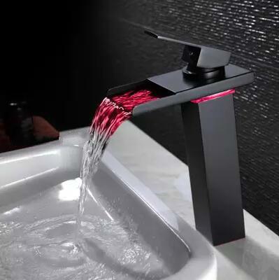 China Black Bronze Brass Waterfall Bathroom Mixer LED Color Changing Sink Faucet TB288L for sale