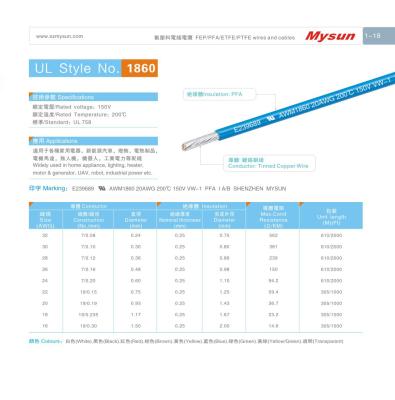 Cina Cavo isolato su misura UL758 AWM1860 150V/200C di colori 26AWG PFA per potere industriale in vendita