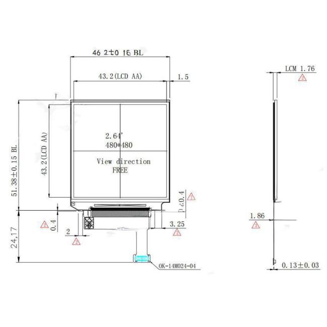 2.64 inch TFT display technical drawing