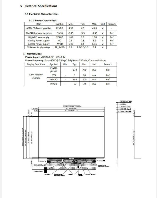 11.5 inch AMOLED display module technical drawing and pin definition