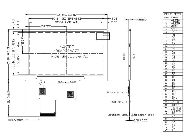 4.3 Inch Tft Lcd Display,  480x272 Resolution,  24bit RGB 40PIN Interface , 1000cd/M2