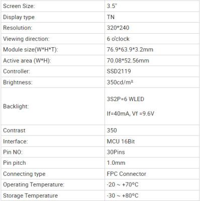 China 3.5 Inch Resolution 320X240 MCU 16 Bit Parallel Interface Driver IC SSD2119 Landscape Type LCD Display Module for sale
