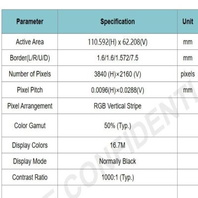 China Hochauflösendes 5 Zoll TFT-Modul 3840*2160 Punkte EDP-Schnittstelle 500 Nits zu verkaufen