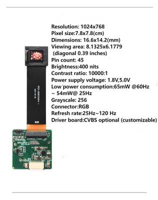 中国 【新製品】0.39インチOLEDシングルディスプレイ 1024×768 RGB HD 400 高輝度 MIPIインターフェース スマートウェアラブル/マイクロディスプレイデバイス向け 自発光・低消費電力 販売のため