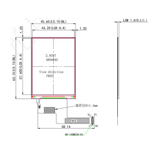 2.88 inch TFT display technical drawing