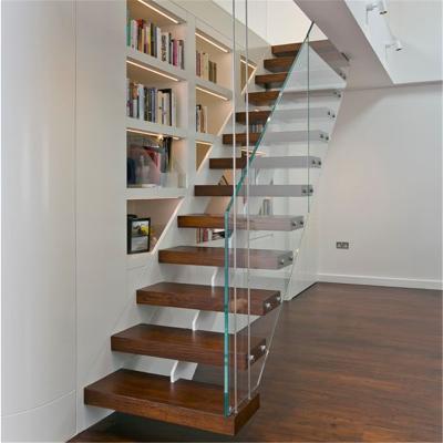 China Indoor modern floating stairs steel timber straight stair with 38mm wood tread for sale