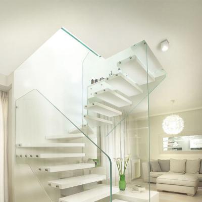 China wooden staircase,floating staircase kit with frameless glass railing for sale