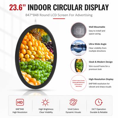 China 23.6 Inch Circular LCD Display 1280x1280 Commercial Advertising Display 500 Cd/M2 for sale