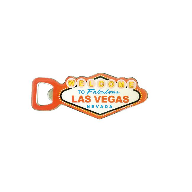 Personalized metallic bottle opener fridge magnet with Las Vegas design