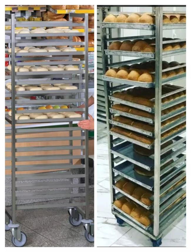 Close-up of tray rack trolley showing layered design