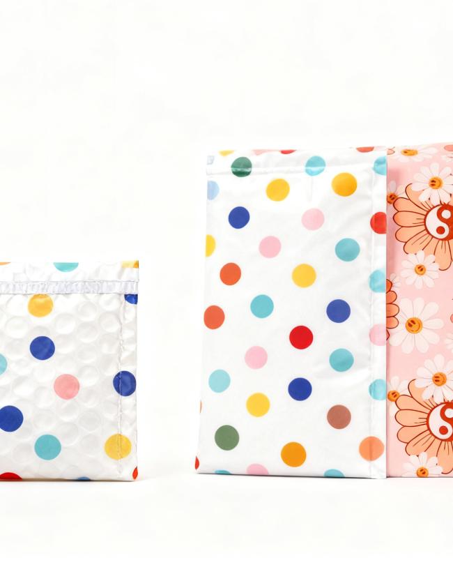 Custom printed plastic bubble bags showing bubble structure and logo printing