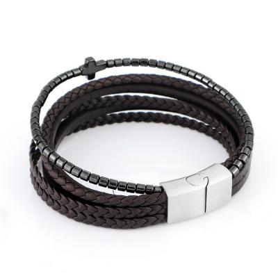 China New Stainless Steel Leather Men's Leather Bracelet, European and American Trendy Personalized Versatile Bracelet for sale