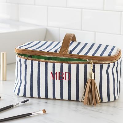 China Personalized White and Navy Blue Stripe Train Case Cosmetic Bag for sale