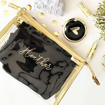 China Personalized Clear See-Through Cosmetic Bags Transparent/Gold Travel Pack for sale