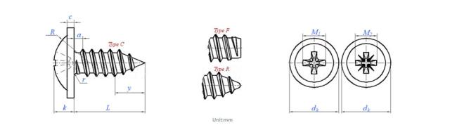 Technical drawing of DIN968 self tapping screw dimensions