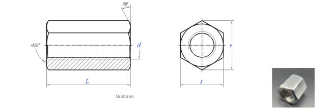 Technical diagram of hex head nut dimensions
