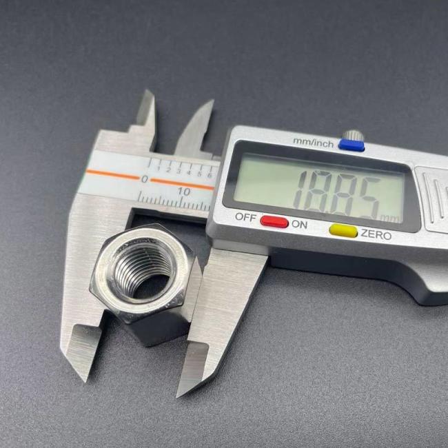 Stainless steel hex head nut close-up view