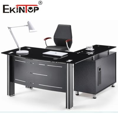 China Dessus de bureau en verre moderne avec pieds en métal et table de direction en verre avec tiroir for sale