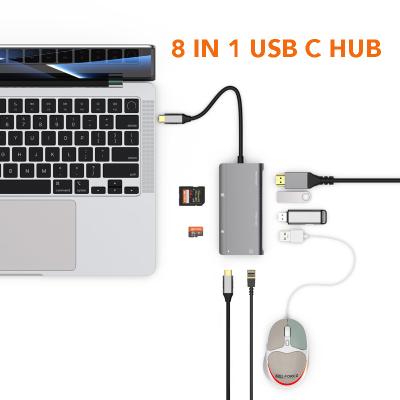 중국 8 In 1 USB Type C to HDMI 카드 리더 RJ45 USB 허브 PD 전원 공급 어댑터 판매용