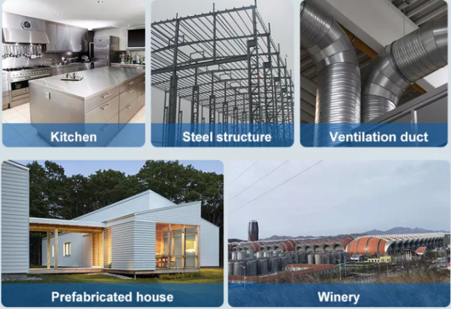 Stainless steel sheets in various industrial applications including construction and manufacturing