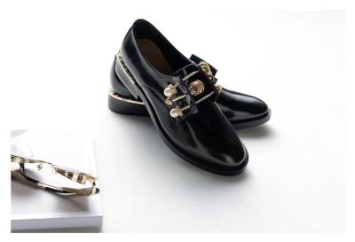 China Black Leather shoes Genuine Leather Shoes Western Style Metal Buckle with Pearl Pretty Women Dress Shoes for sale