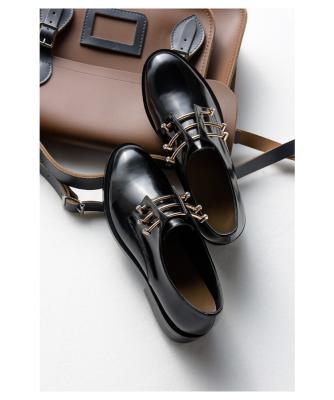 China Genuine Leather Shoes with Pearl Black Leather shoes European Style Metal Buckle Pretty Women Dress Shoes for sale