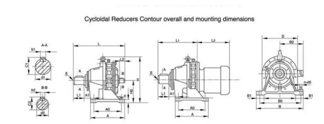 Technical diagram of cycloidal gear reducer showing dimensions and components