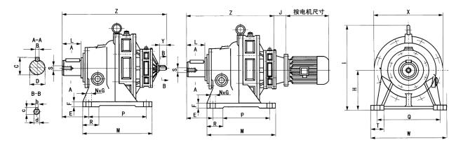 BW BWD XW XWD type two-stage cycloidal reducer dimensions and installation diagram