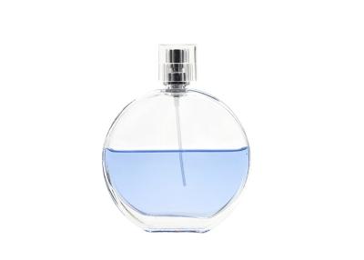 China Frost Surface 50ml Round Perfume Bottle Tranparent Color Sliver / Goldeng Sprayer for sale