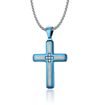China Stainless Steel Link Chain Necklace for Men Fashion Cross Pendant Blue Gold and Titanium Prayer Choker for sale