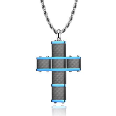 China Christian Religious Custom LOGO Pendant Stainless Steel Gold Plated Cross Necklace with Carbon Fiber Inlay and Blue Plating for sale