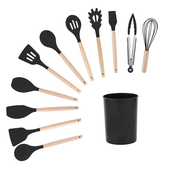 Quality Wooden Handle Kitchen Utensil Set with Holder Box and Non Stick Silicone Cooking for sale