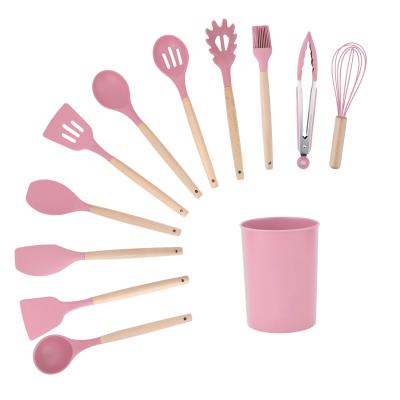 China Conjunto de utensílios de cozinha de alça de madeira com caixa de suporte e ferramentas de cozinha de silicone não pegajoso à venda