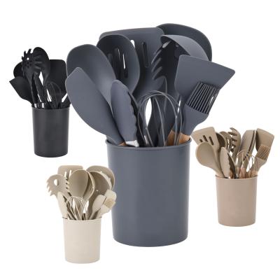 China Conjunto de utensílios de cozinha de alça de madeira com caixa de suporte e ferramentas de cozinha de silicone não pegajoso à venda