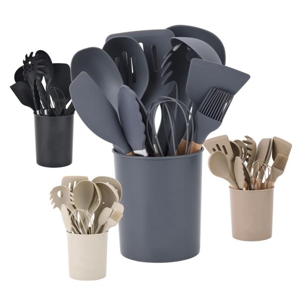 Quality Wooden Handle Kitchen Utensil Set with Holder Box and Non Stick Silicone Cooking for sale