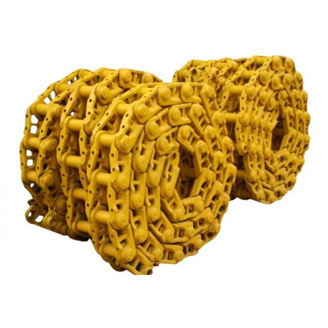 PC200 series excavator track link assembly showing heat-treated black metal construction